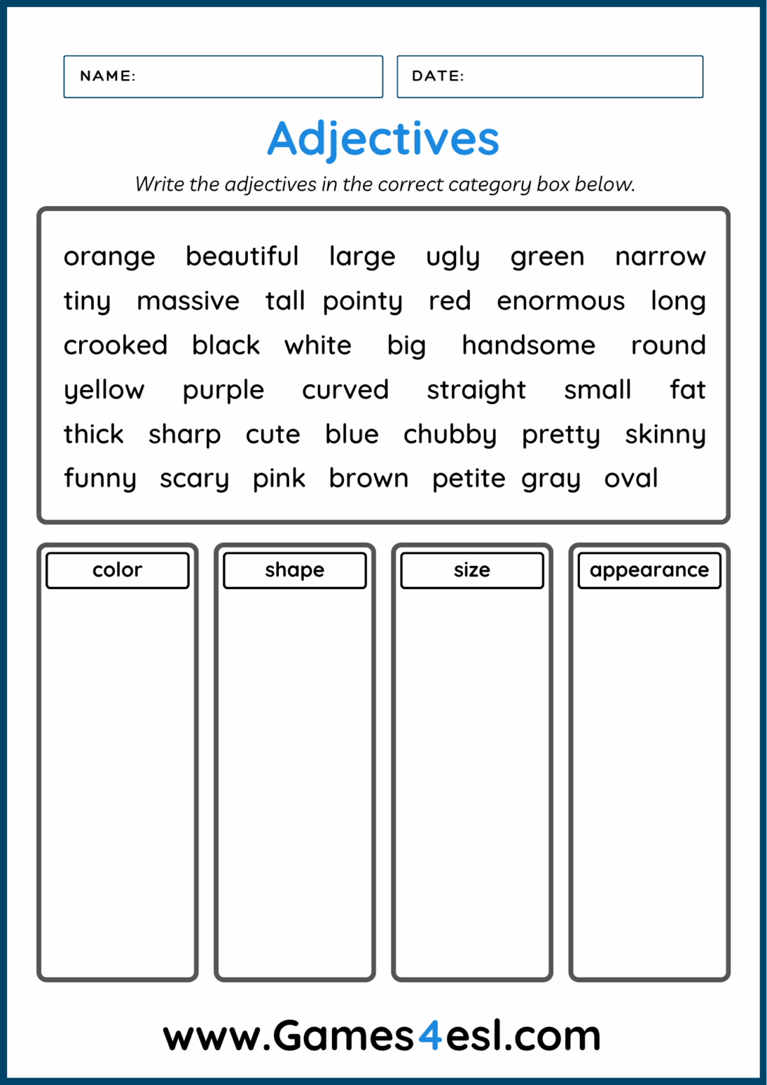Free Adjective Worksheets For Beginners | Games4esl