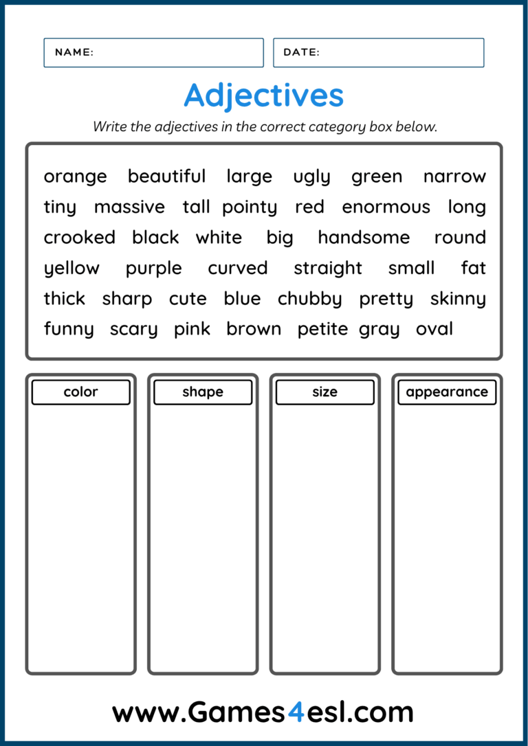Free Adjective Worksheets For Beginners | Games4esl