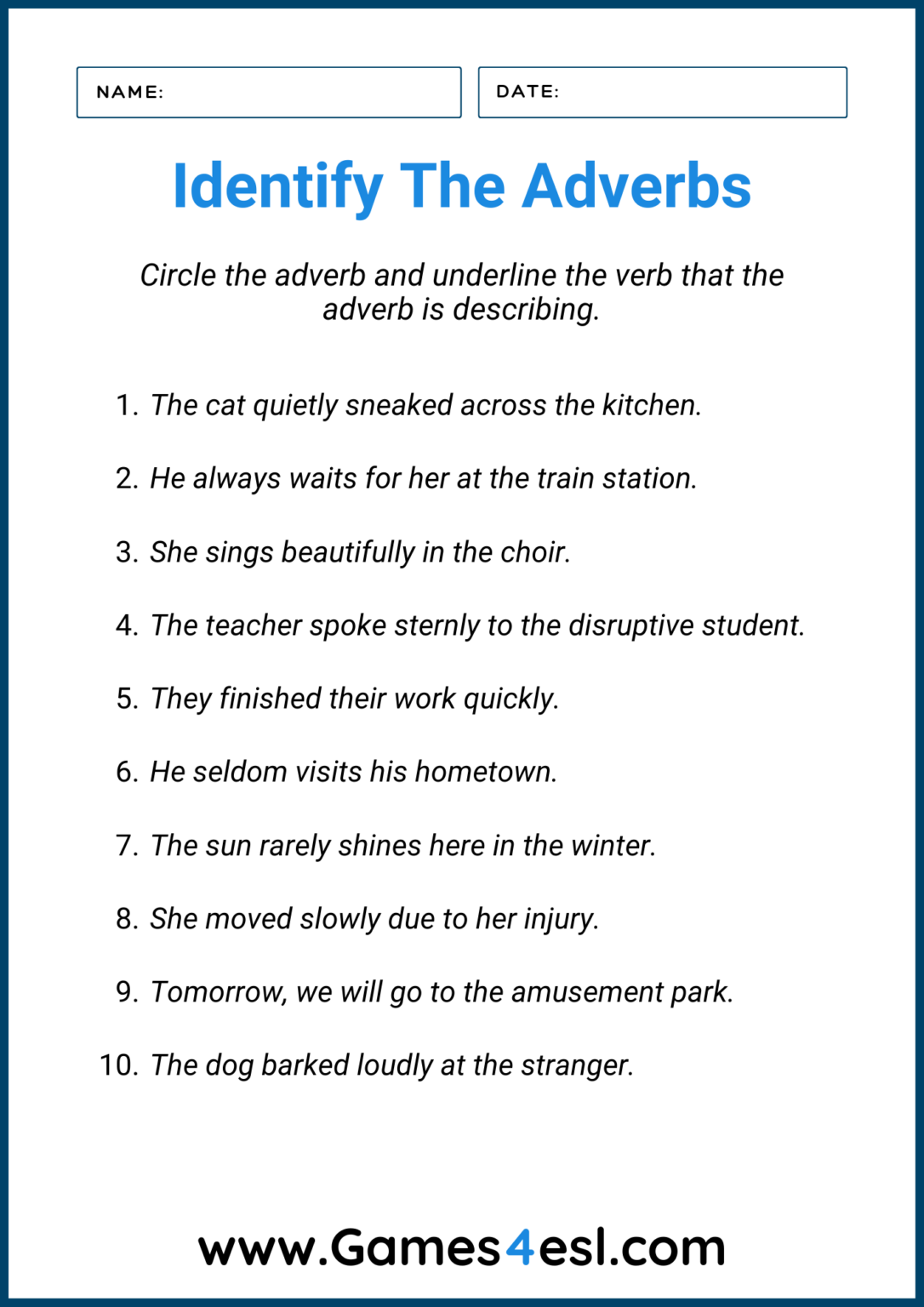 Free Adverb Worksheets | Games4esl