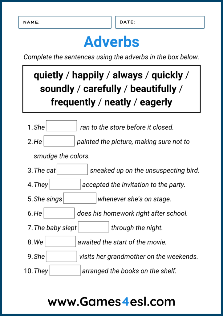 Free Adverb Worksheets | Games4esl
