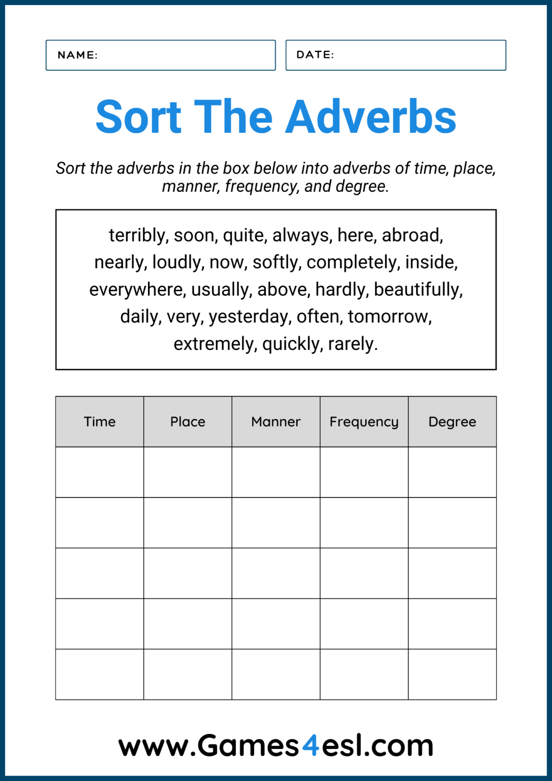 Free Adverb Worksheets | Games4esl