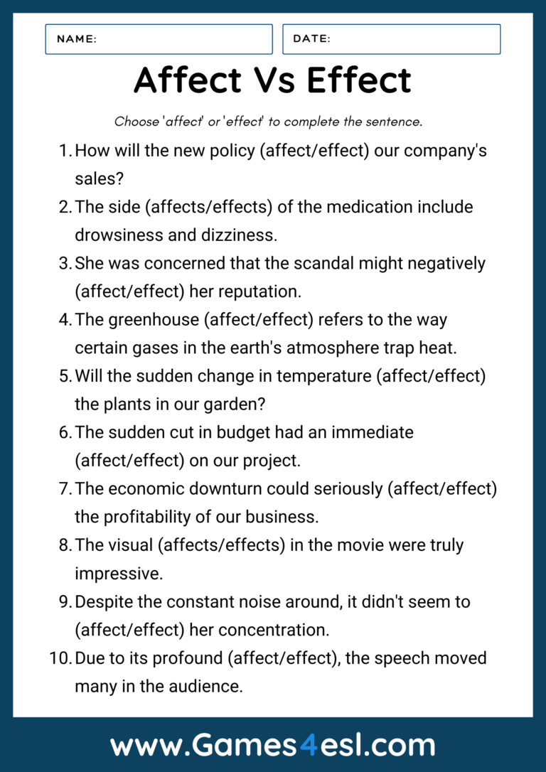 Affect Vs Effect Quiz + Free Printable PDF Exercise | Games4esl