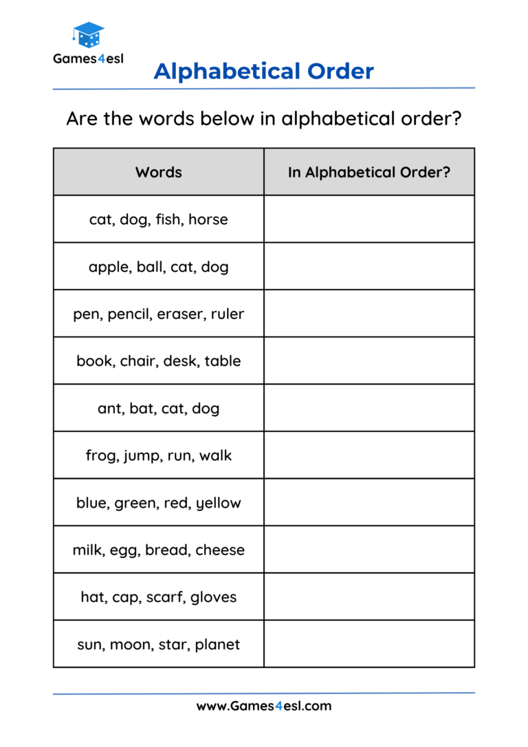 Alphabetical Order Worksheets For Grade 1 | Games4esl