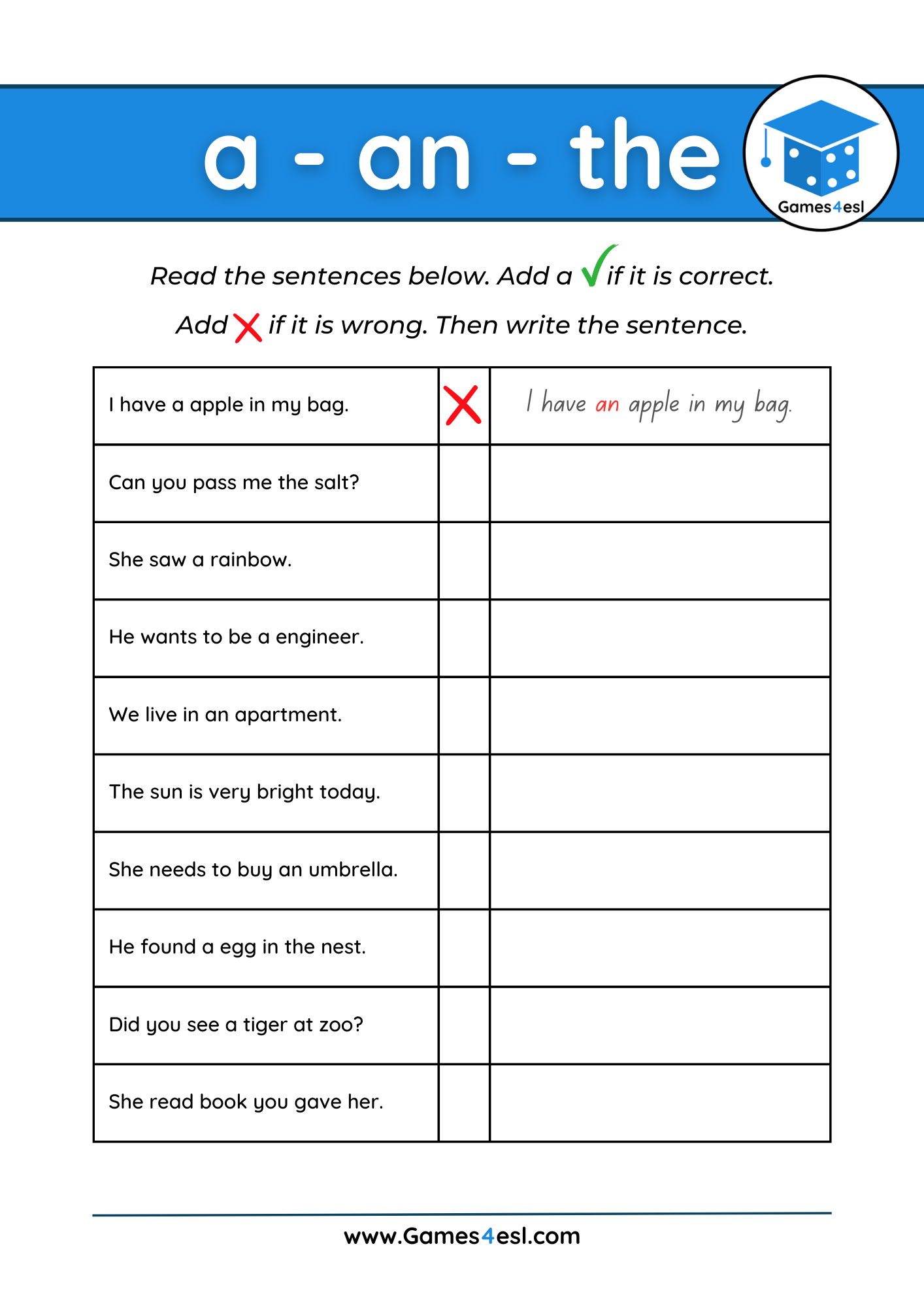 Articles A An The | Free Worksheets | Games4esl
