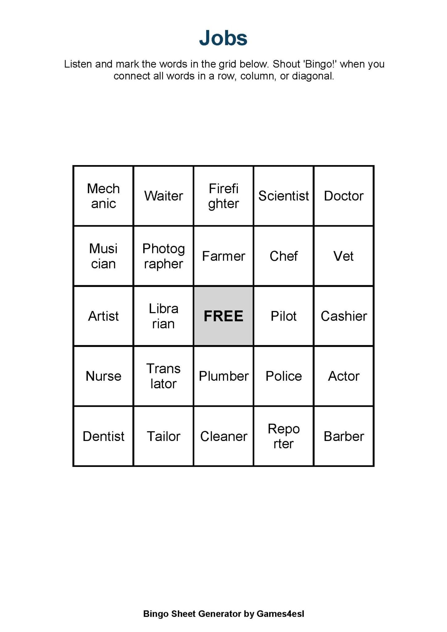 Free Printable Bingo Sheets For English Class | Games4esl