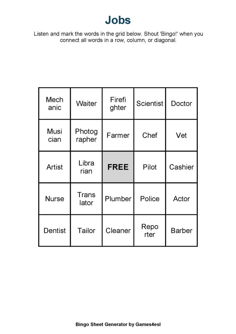 Free Printable Bingo Sheets For English Class | Games4esl