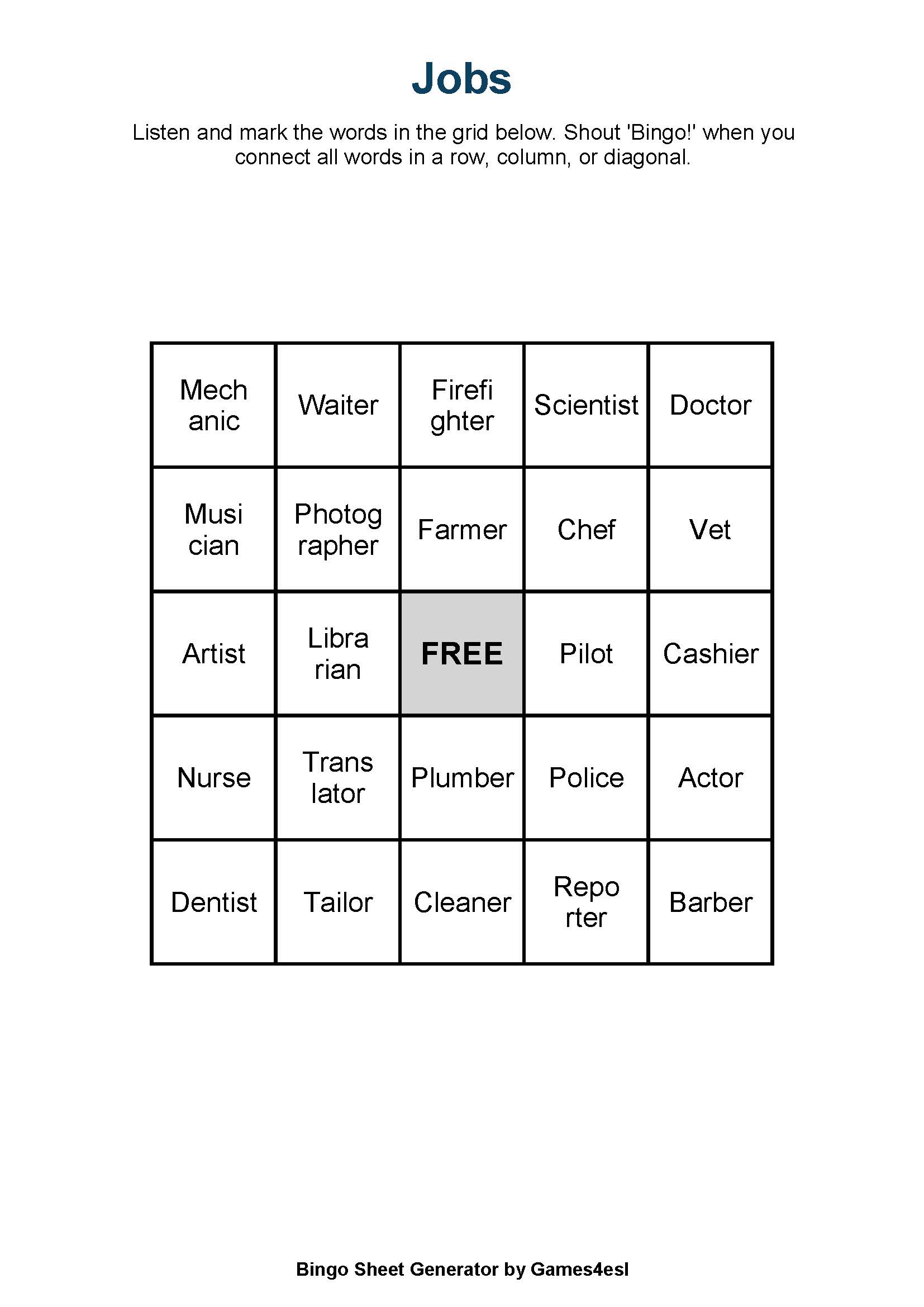 Free Printable Bingo Sheets For English Class | Games4esl