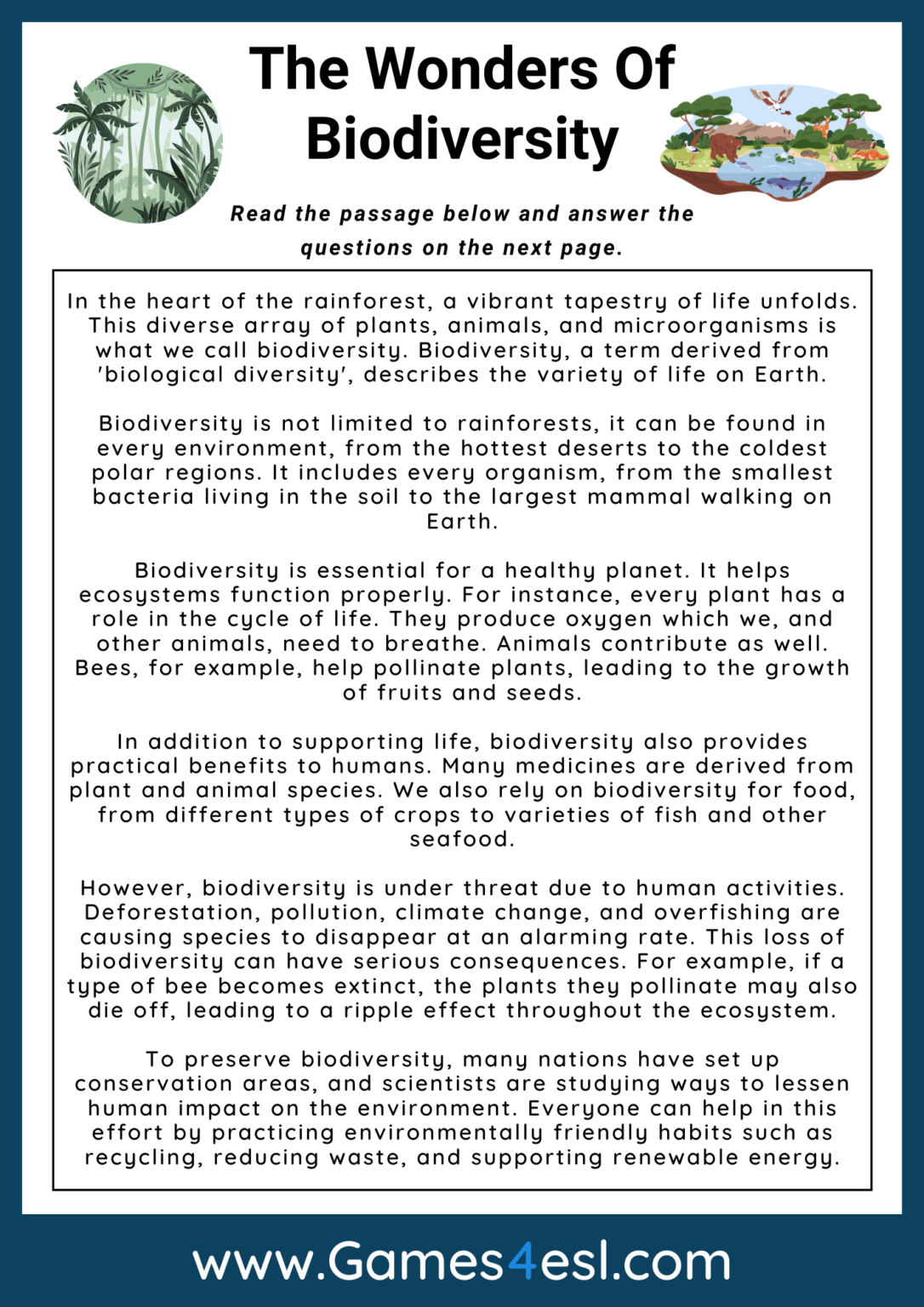 Biodiversity Reading Comprehension | Games4esl