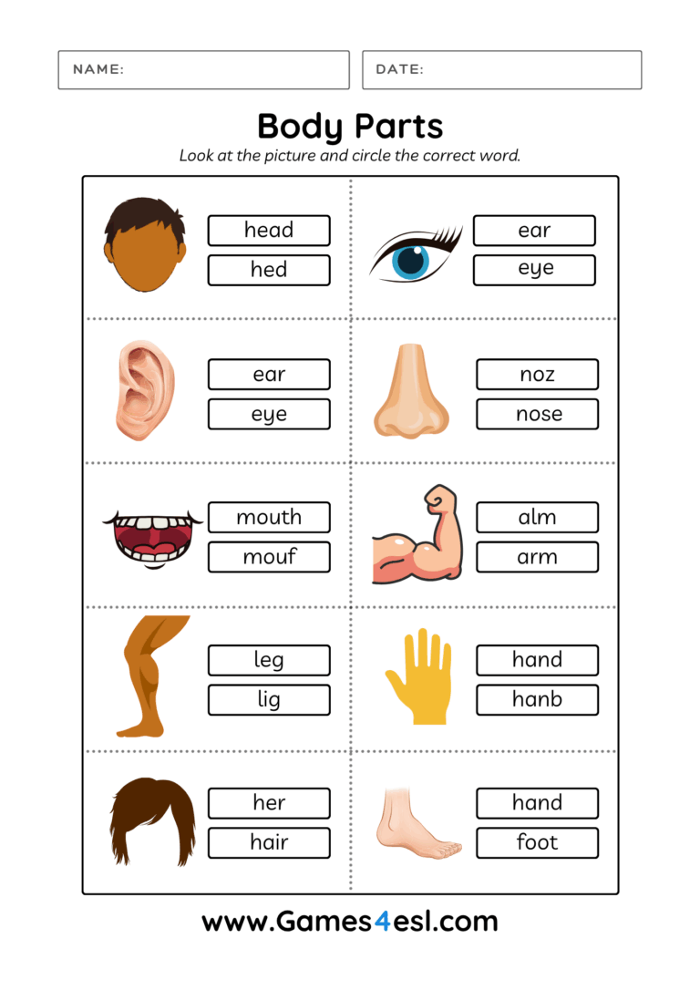 Free Body Parts Worksheets For Kids And Beginner ESL Students | Games4esl