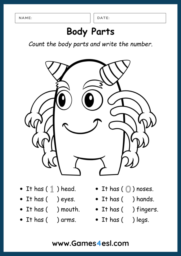 Free Body Parts Worksheets For Kids | Games4esl
