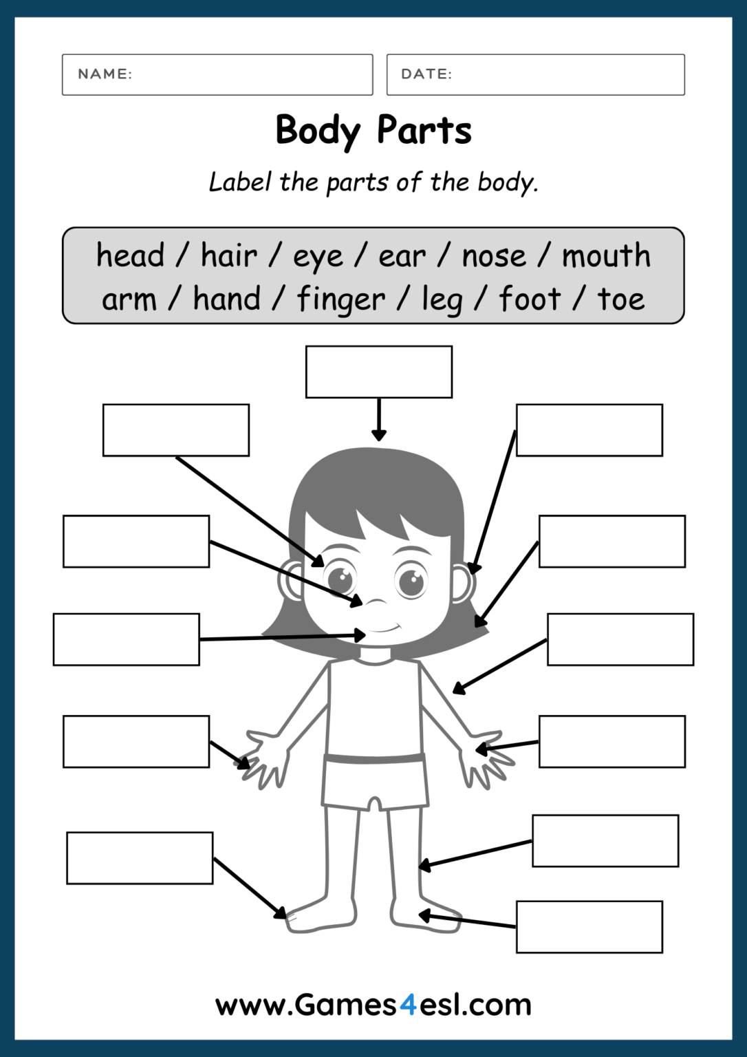 Free Body Parts Worksheets For Kids And Beginner ESL Students | Games4esl