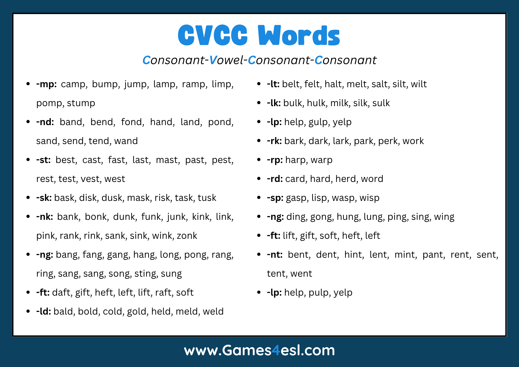 CVCC Word List | Consonant-Vowel-Consonant-Consonant | Games4esl