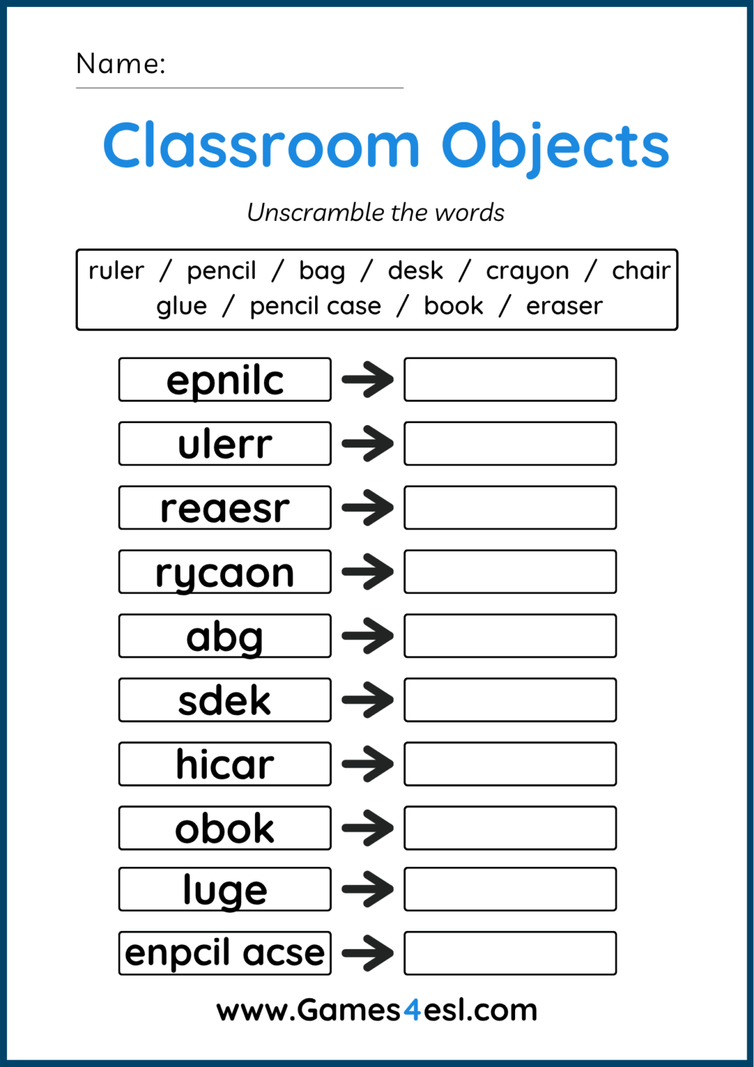 Classroom Object Vocabulary Worksheets | Games4esl