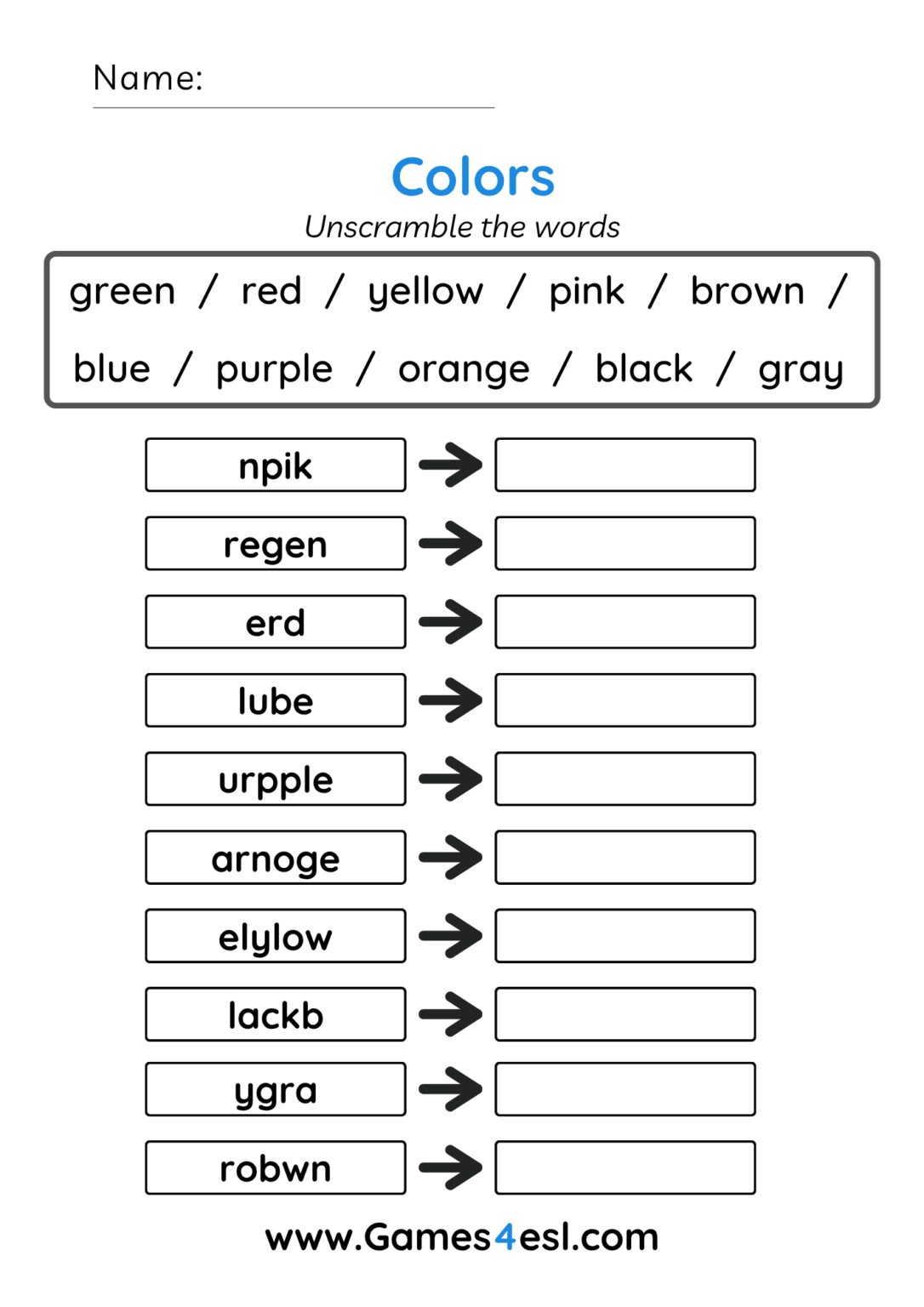 Colors Worksheets For Kids - Free Vocabulary Worksheets | Games4esl
