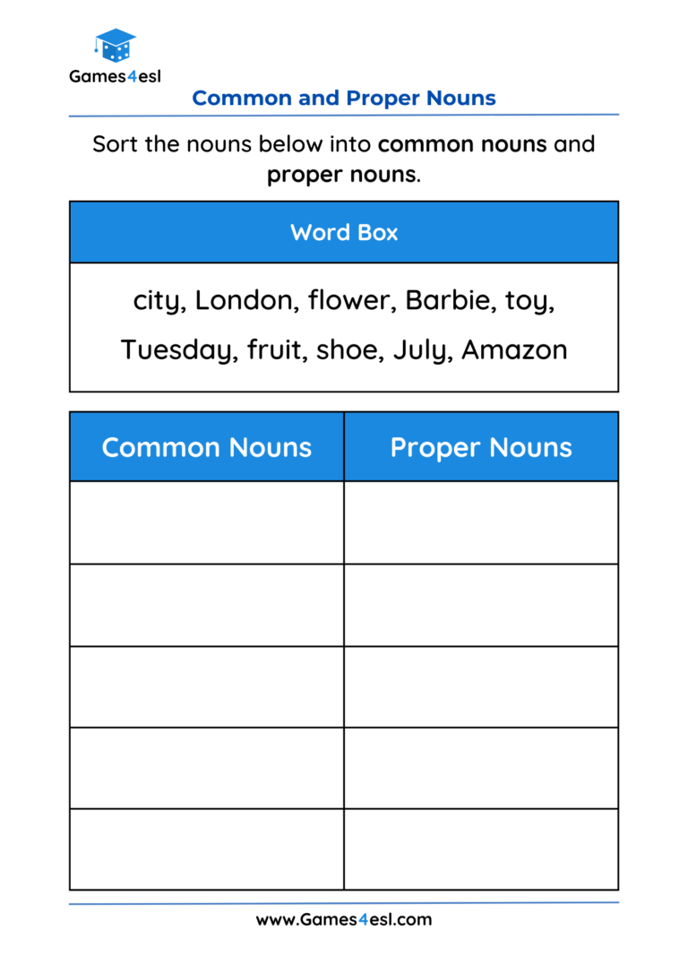 Common And Proper Noun Worksheets | Games4esl