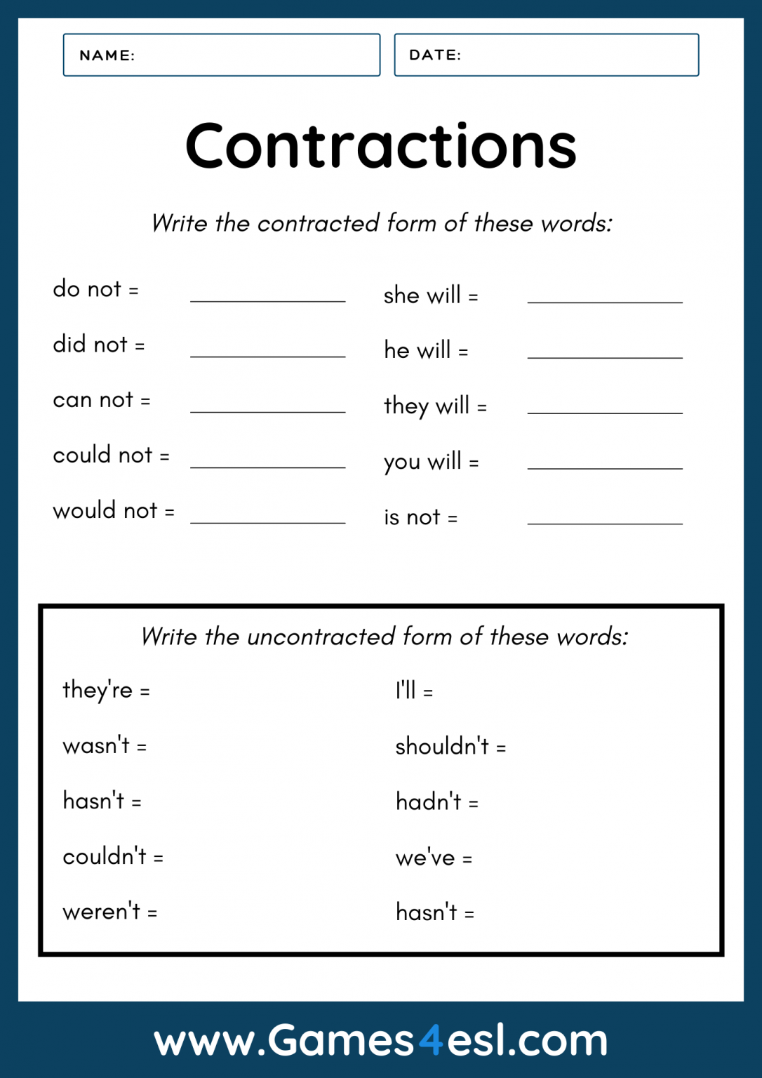 Free Contraction Worksheets | Games4esl