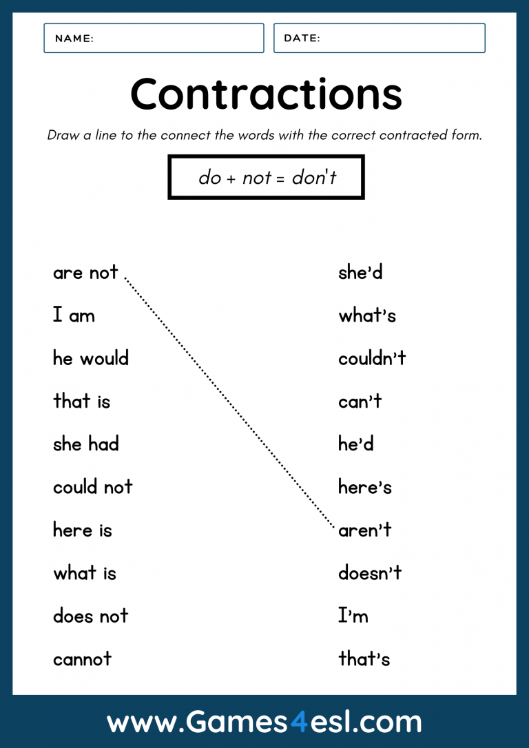 Free Contraction Worksheets | Games4esl