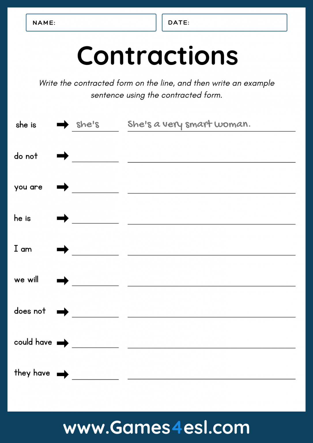 Free Contraction Worksheets | Games4esl