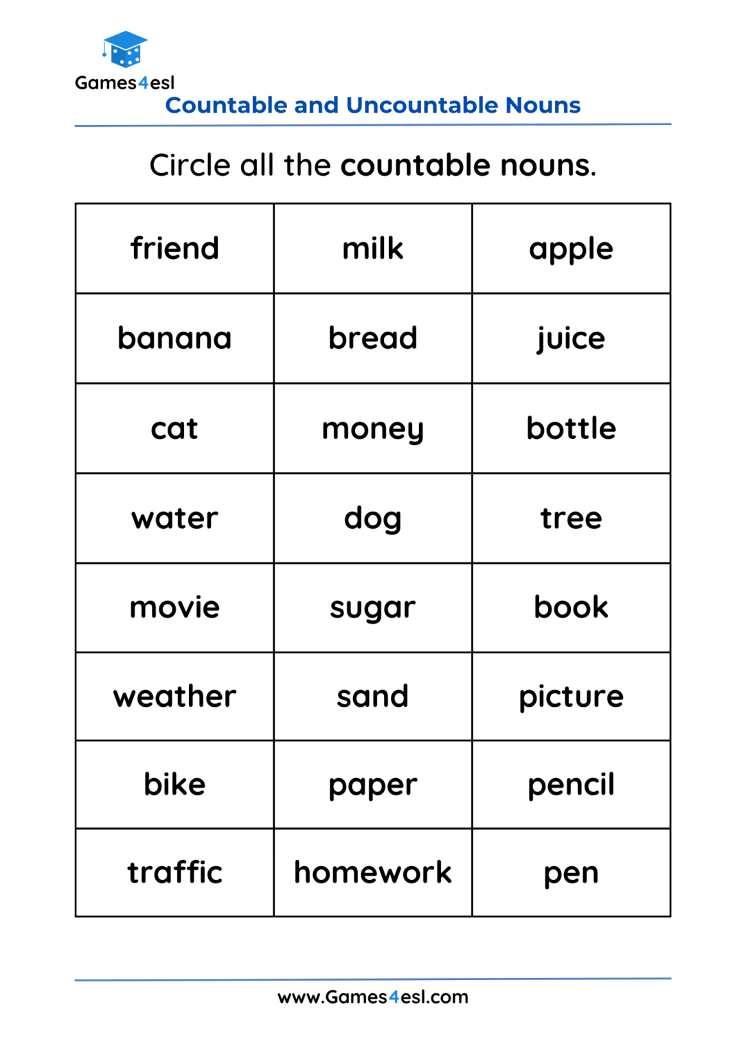 Countable And Uncountable Noun Worksheets For Grade 3 | Games4esl