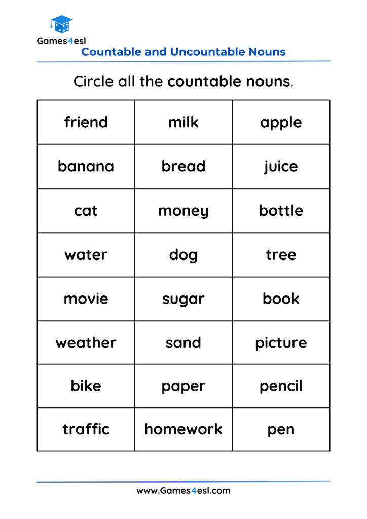 Countable And Uncountable Noun Worksheets For Grade 3 | Games4esl