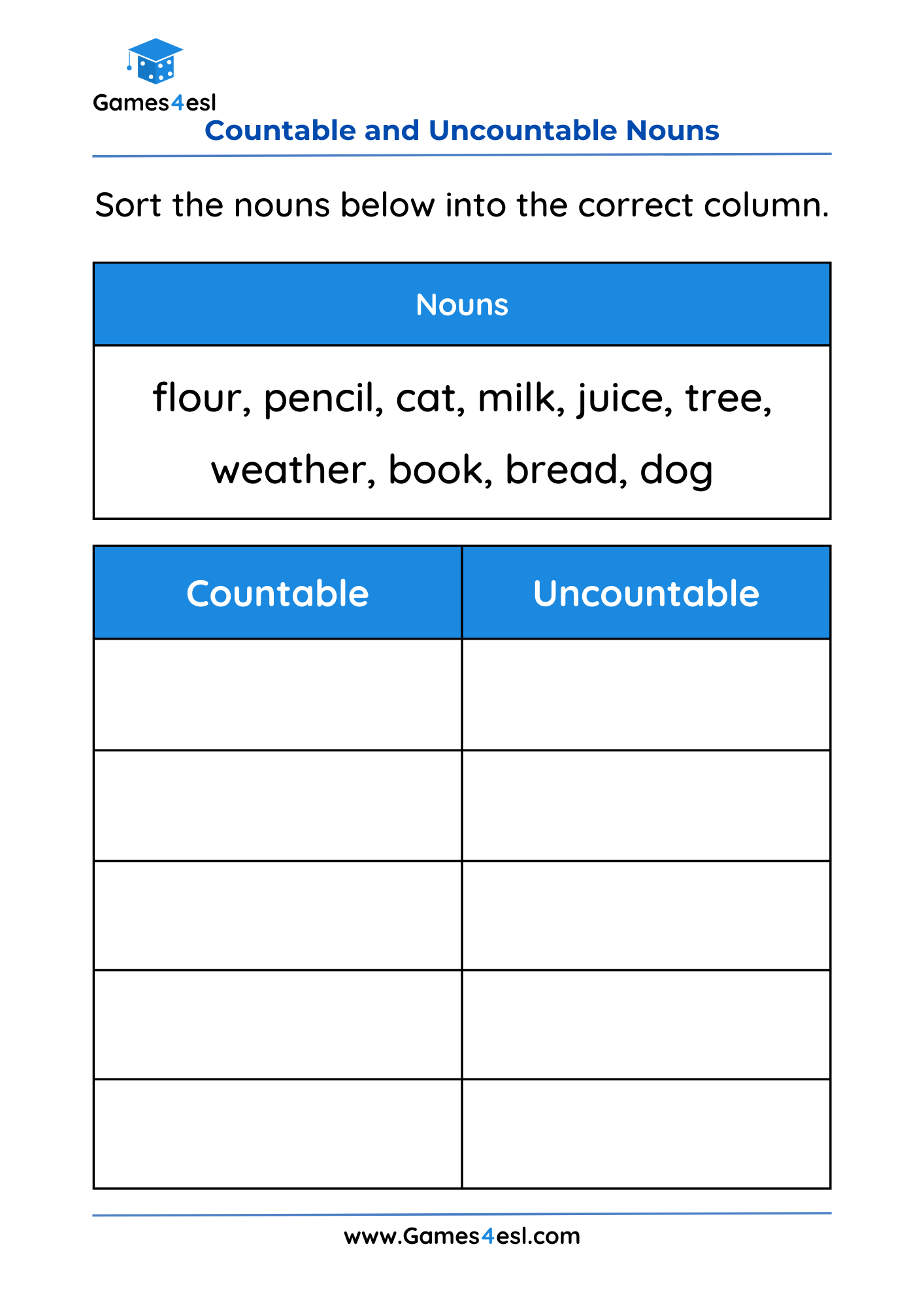 Countable And Uncountable Noun Worksheets For Grade 3 | Games4esl
