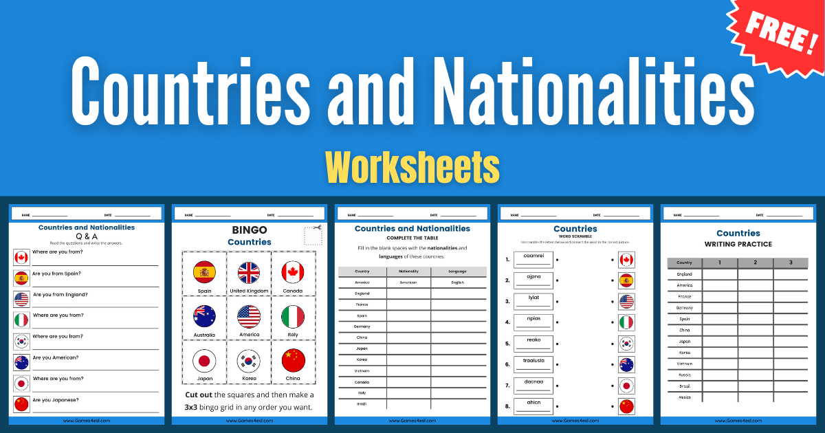 Countries And Nationalities Worksheets – Free PDFs For ESL Lessons ...