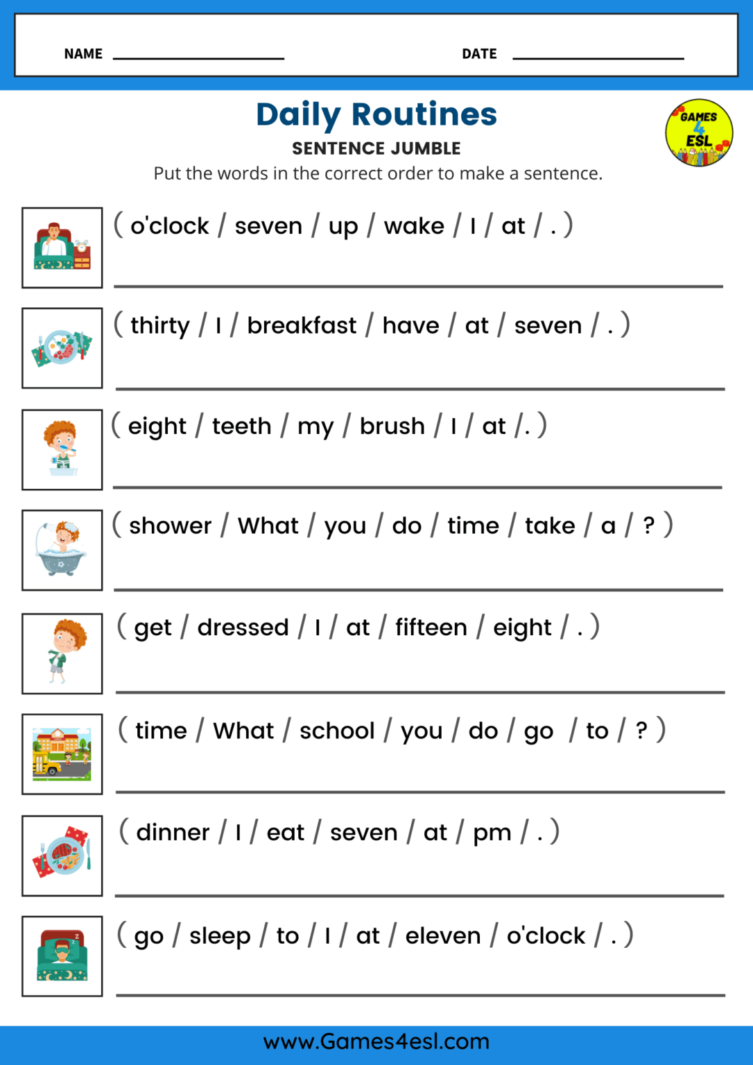 Free Daily Routine Worksheets For Beginners | Games4esl