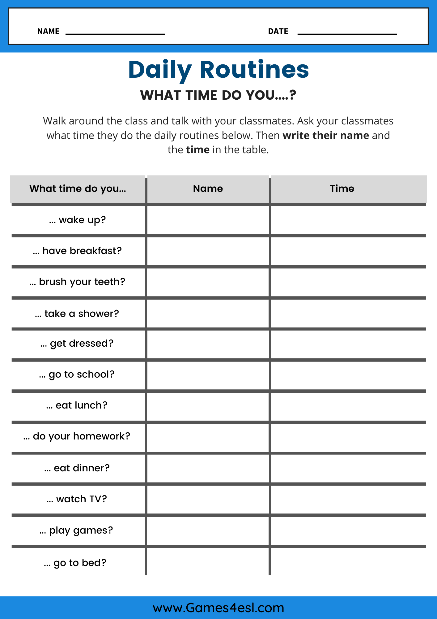 Free Daily Routine Worksheets For Beginners | Games4esl