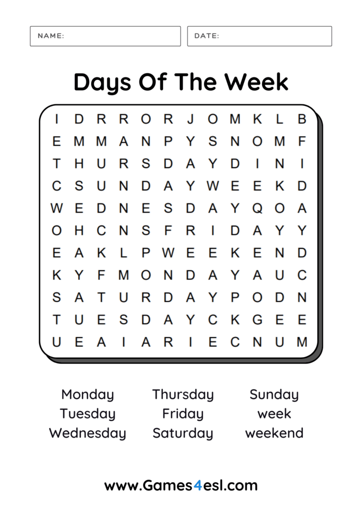 Free Days Of The Week Worksheets | Games4esl