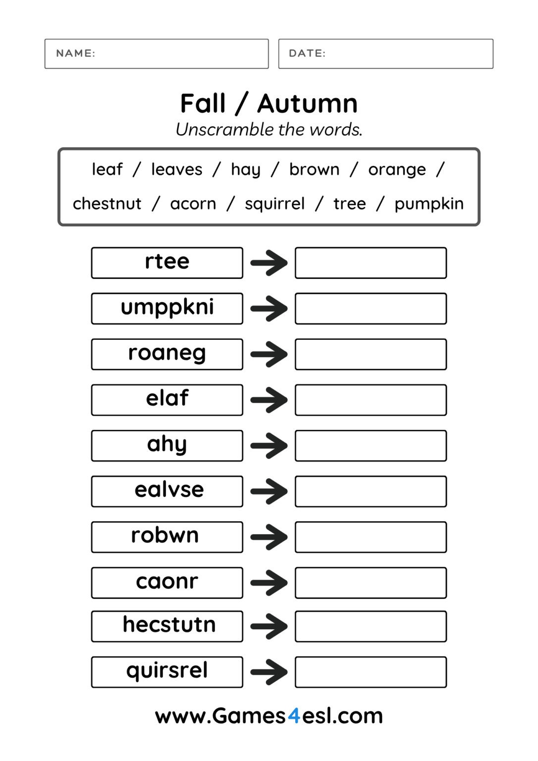 Fall Worksheets | Autumn Worksheets | Games4esl