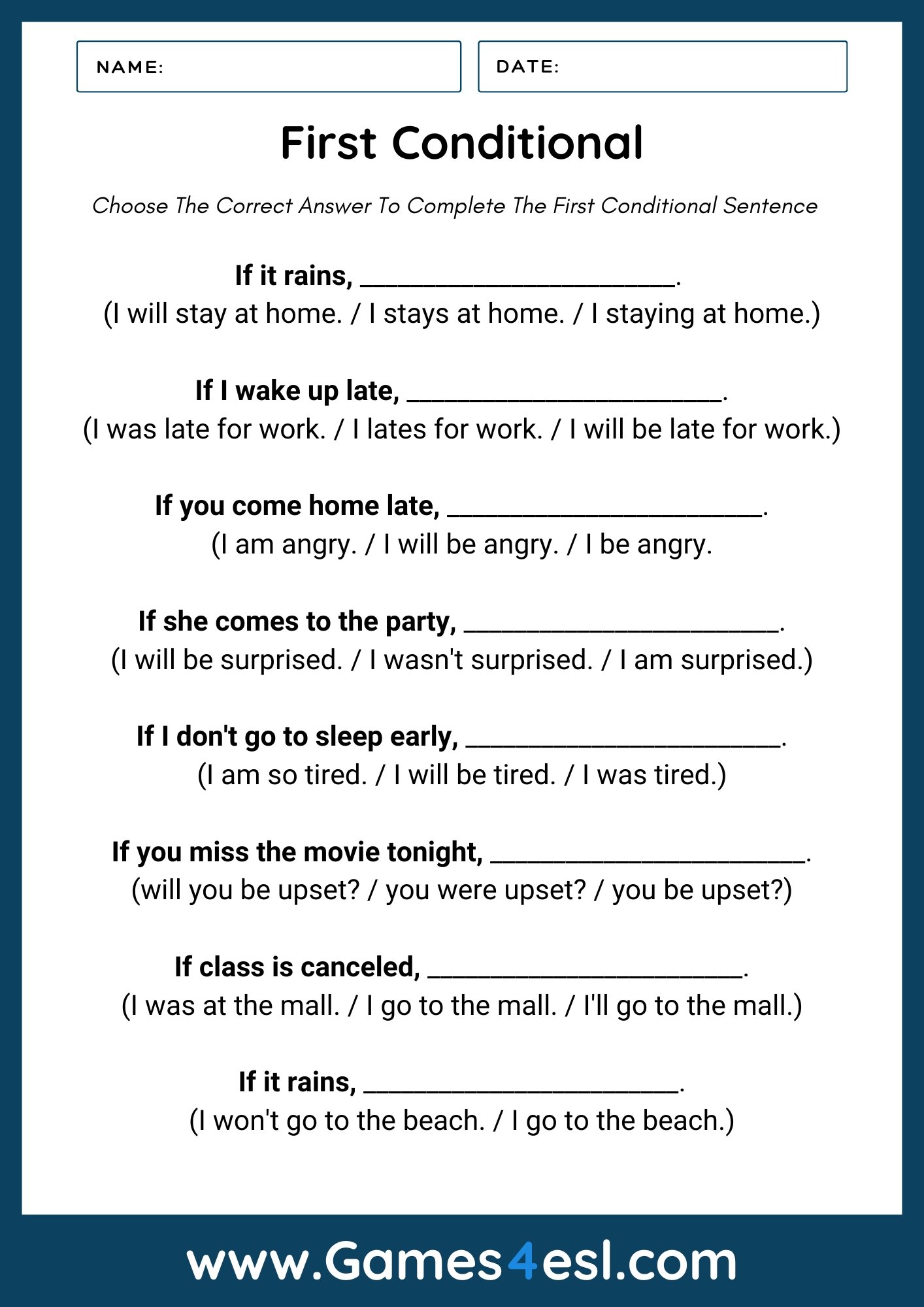 First Conditional Quiz And Printable PDF Exercise | Games4esl