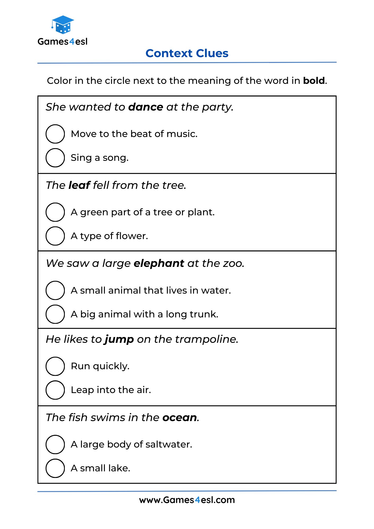 Context Clues Worksheets | Games4esl