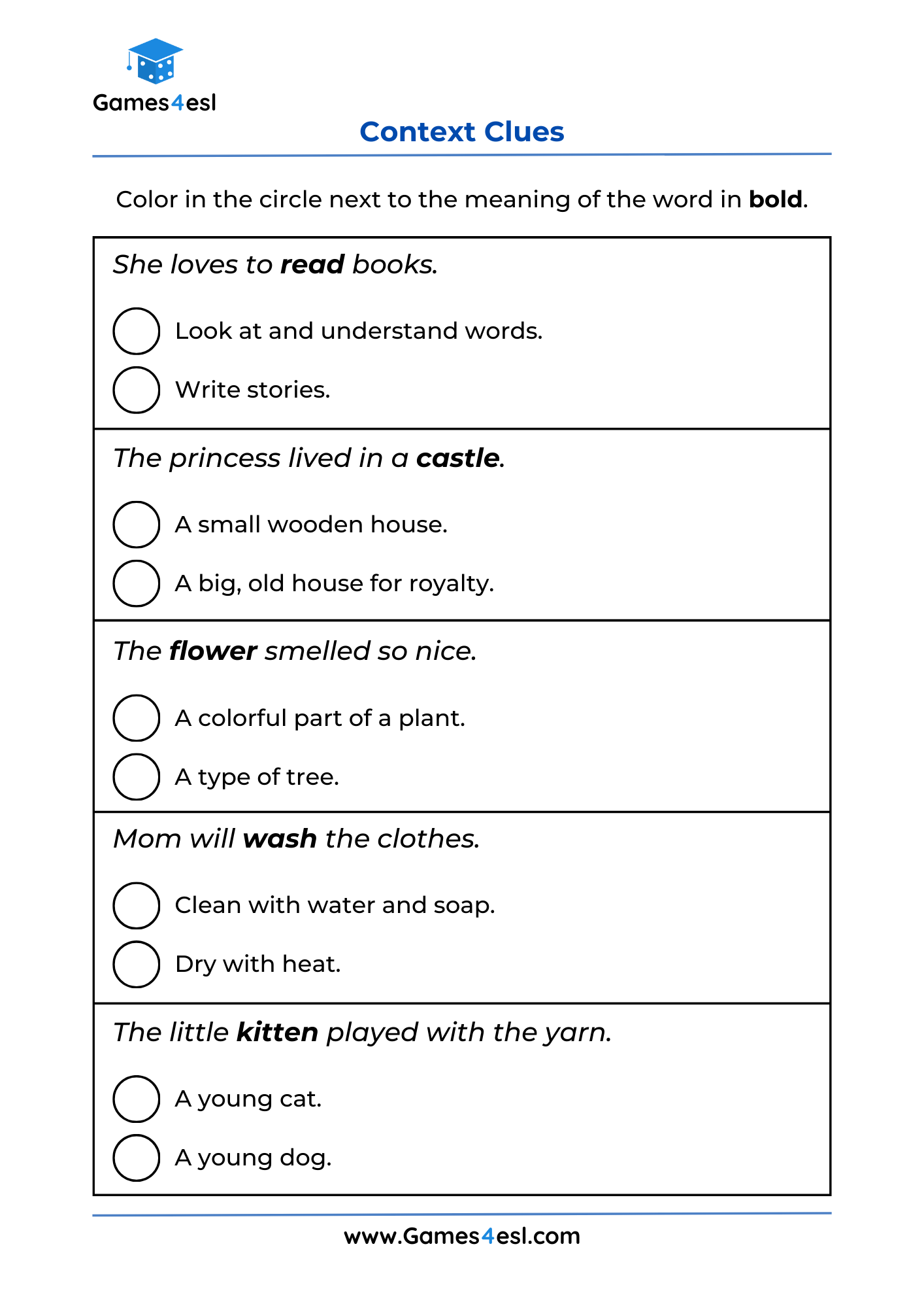 Context Clues Worksheets | Games4esl