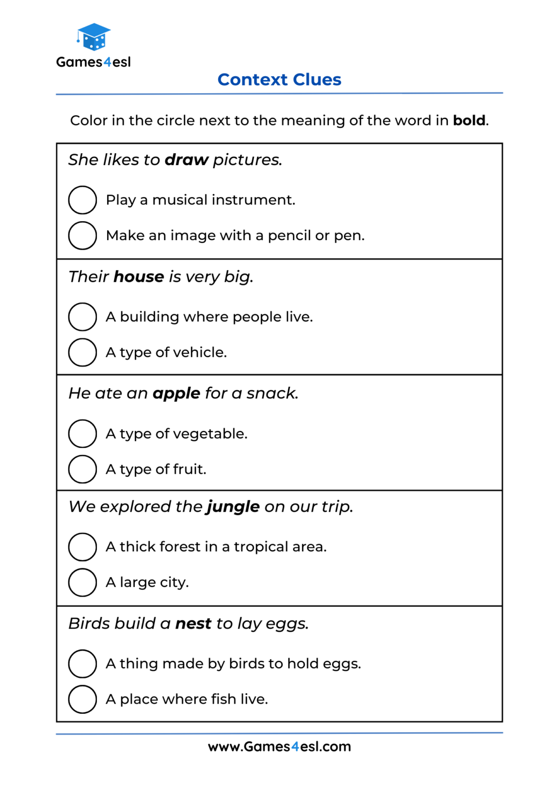 Context Clues Worksheets | Games4esl