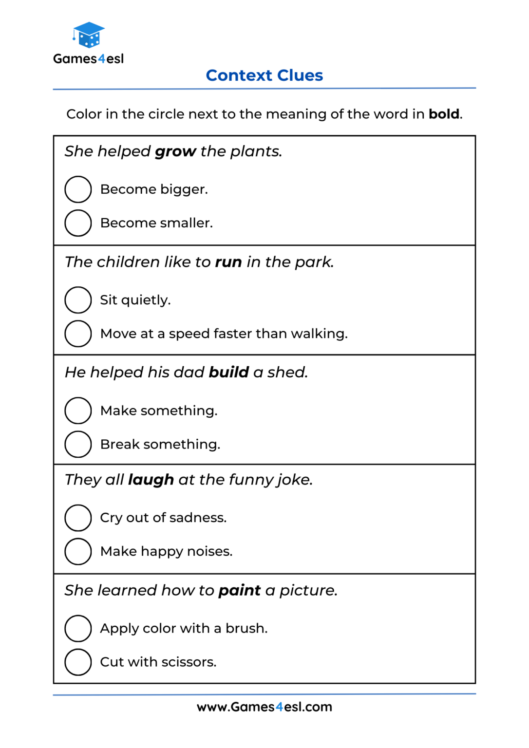 Context Clues Worksheets | Games4esl