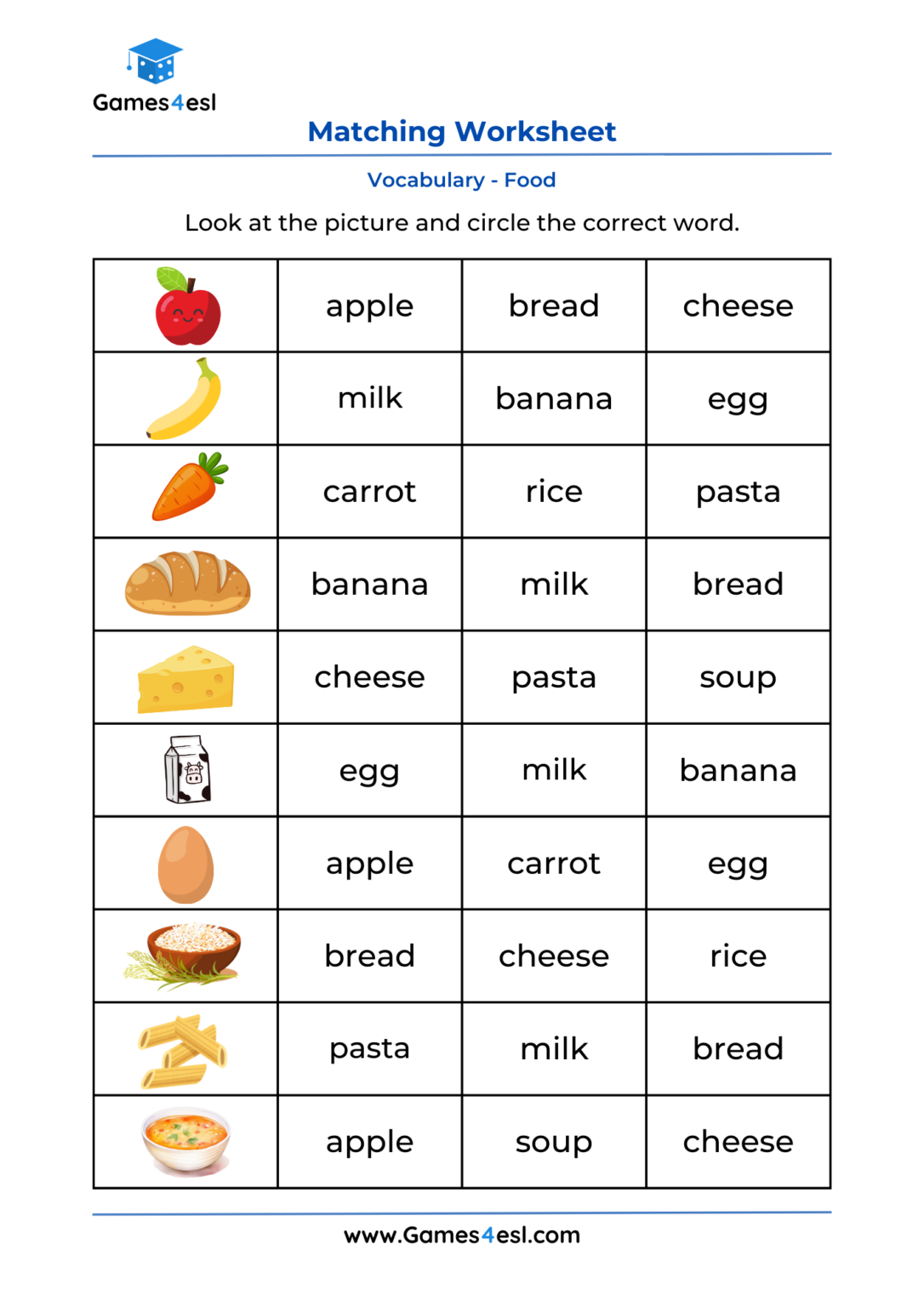 Free Printable Food Worksheets For Beginners | Games4esl