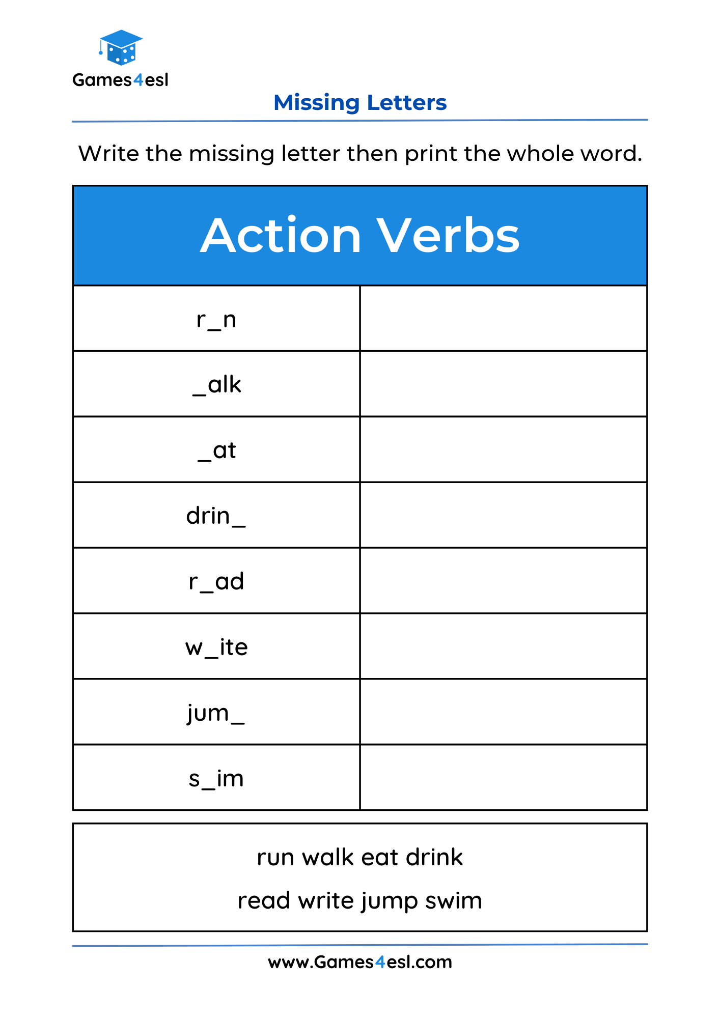 Missing Letter Worksheets | Games4esl