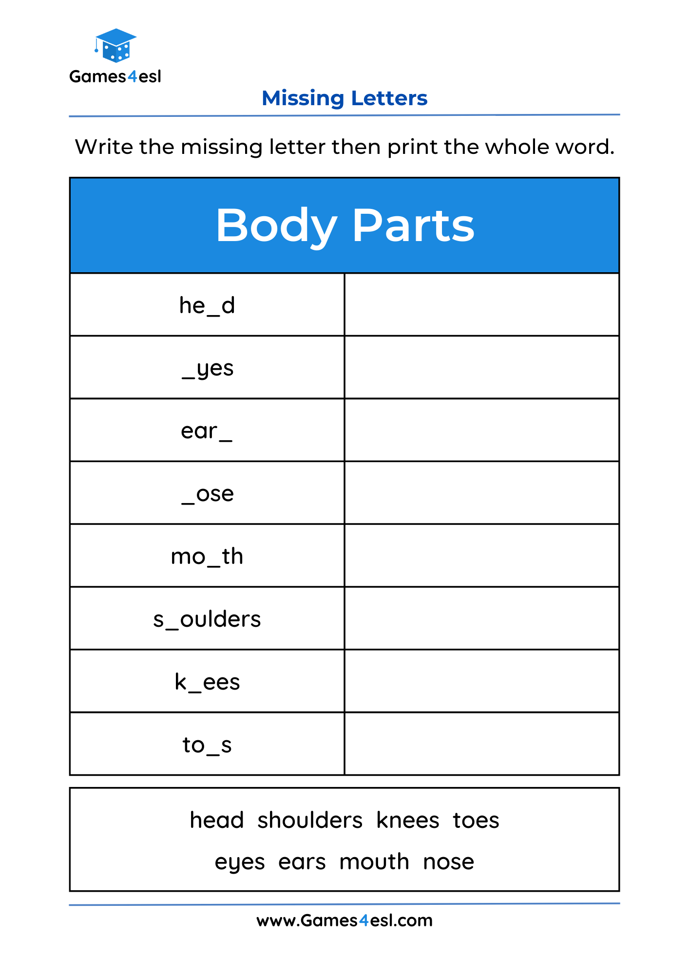 Missing Letter Worksheets | Games4esl