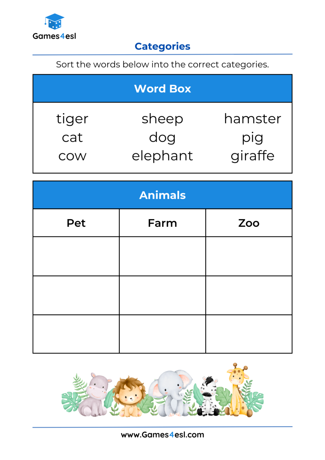 Sorting Worksheets For Grade 1: Sorting Words Into Categories | Games4esl