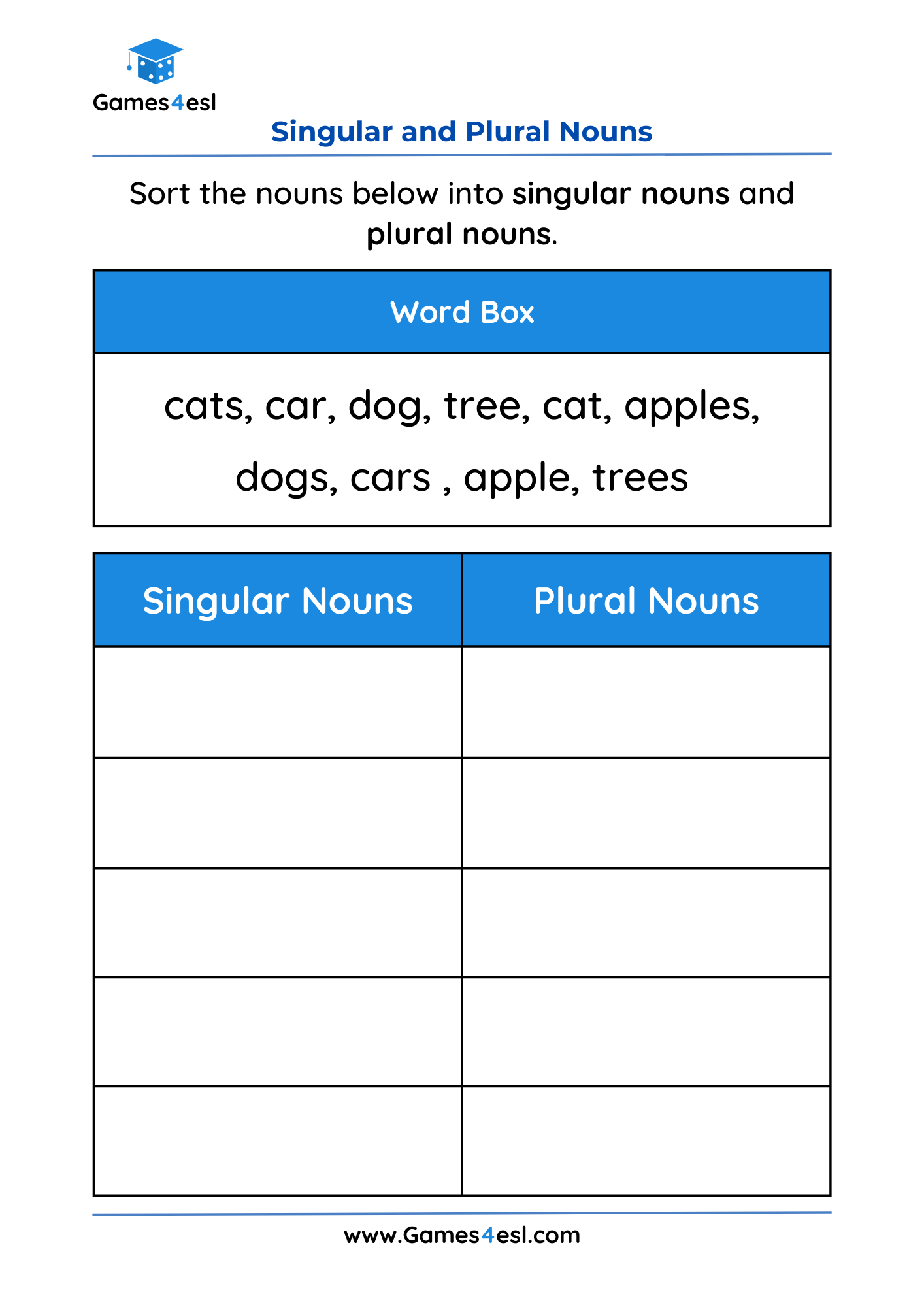 Singular And Plural Noun Worksheets Games4esl Singular And Plural Noun Worksheets Games4esl