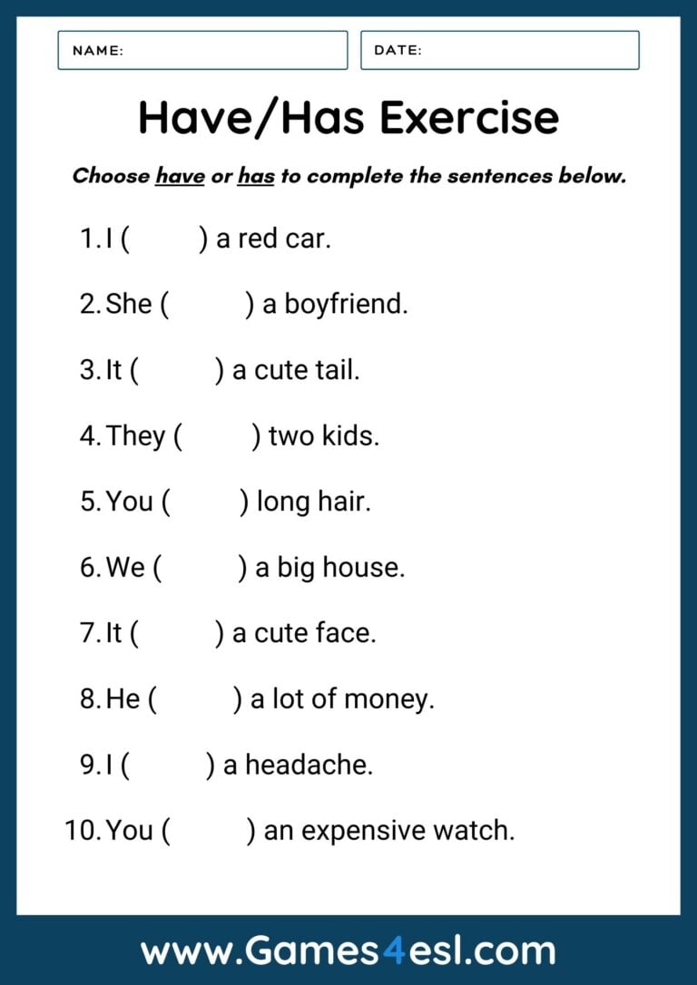 Have/Has Quiz And Printable Exercise | Games4esl