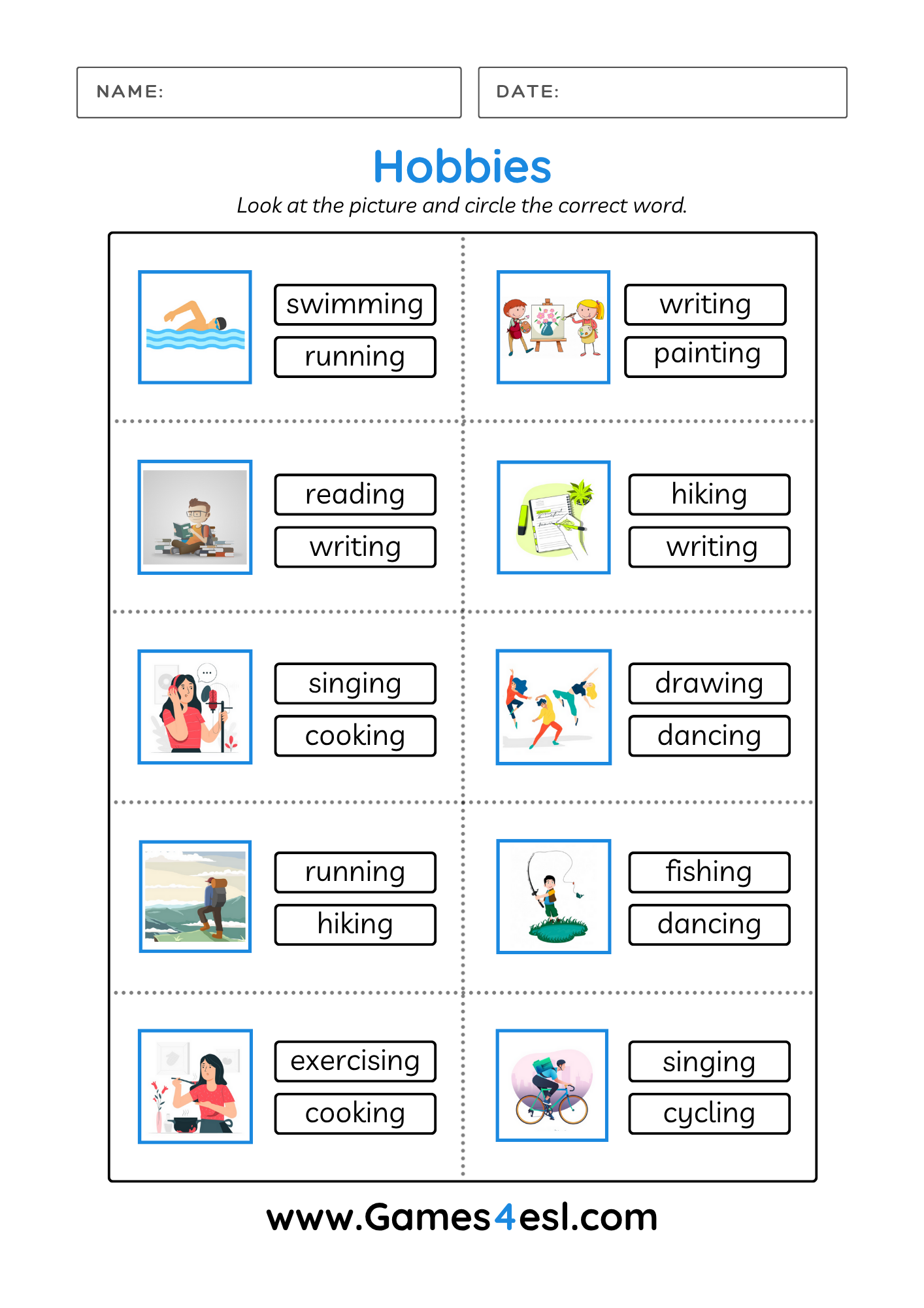 Free Hobbies Worksheets To Teach Free Time Activities | Games4esl