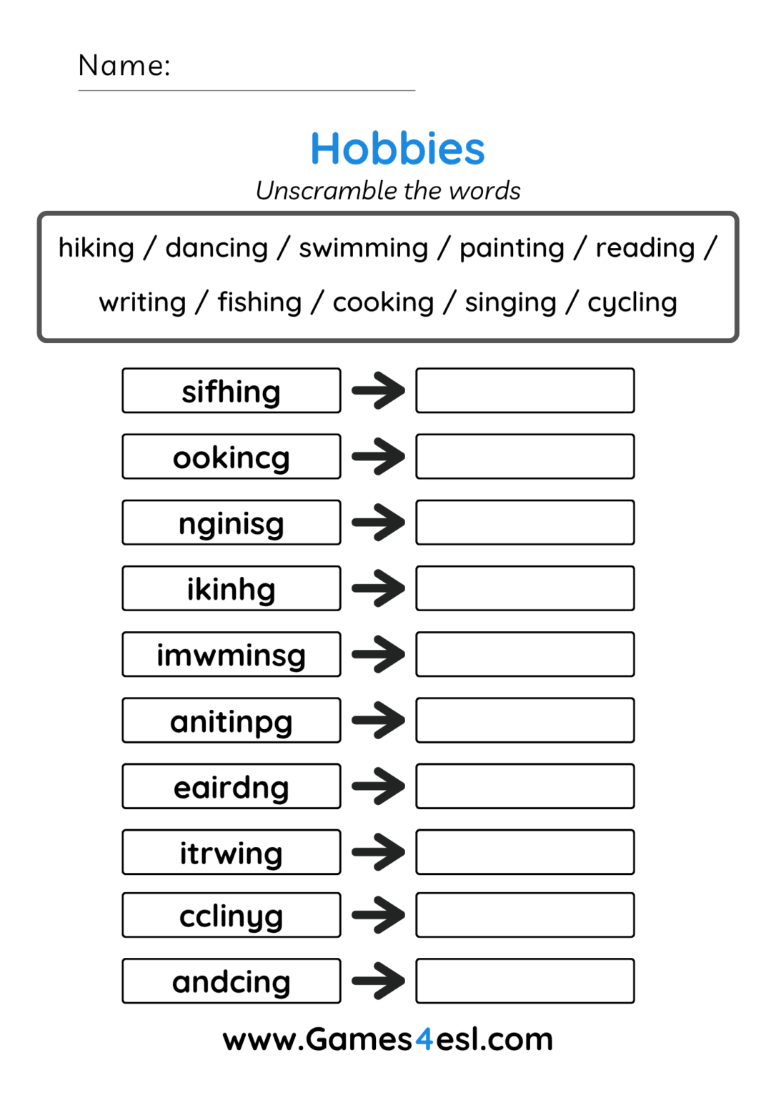 Free Hobbies Worksheets To Teach Free Time Activities | Games4esl