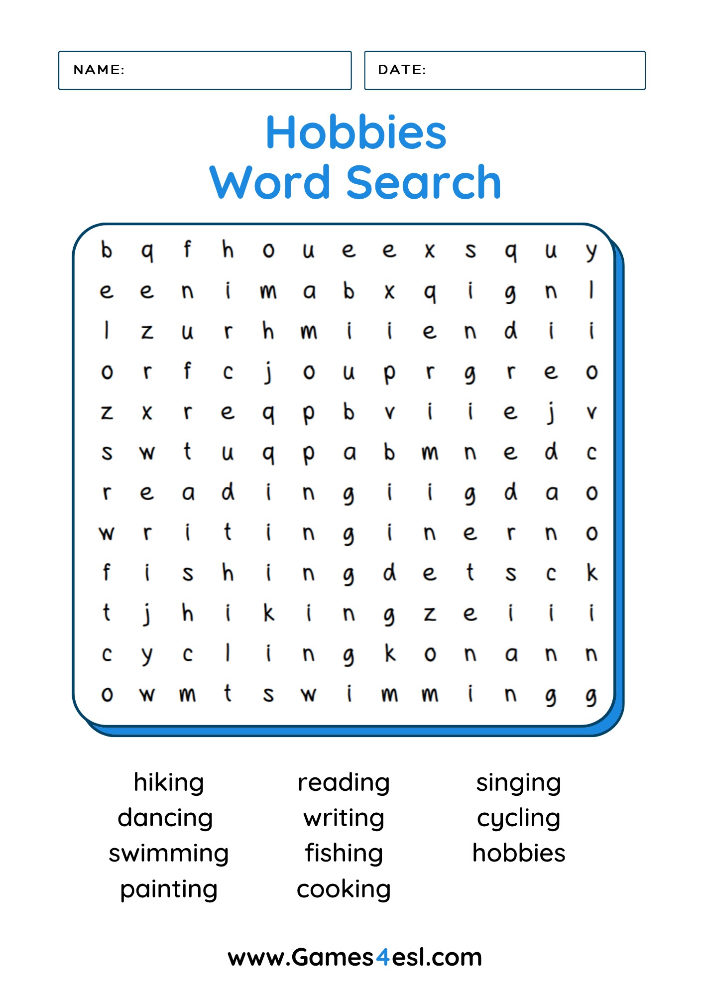 Free Hobbies Worksheets To Teach Free Time Activities | Games4esl