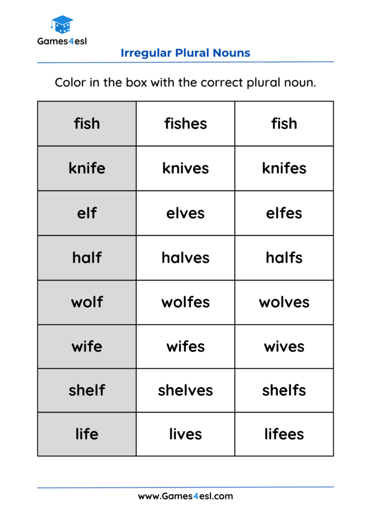 Irregular Plural Noun Worksheets | Games4esl
