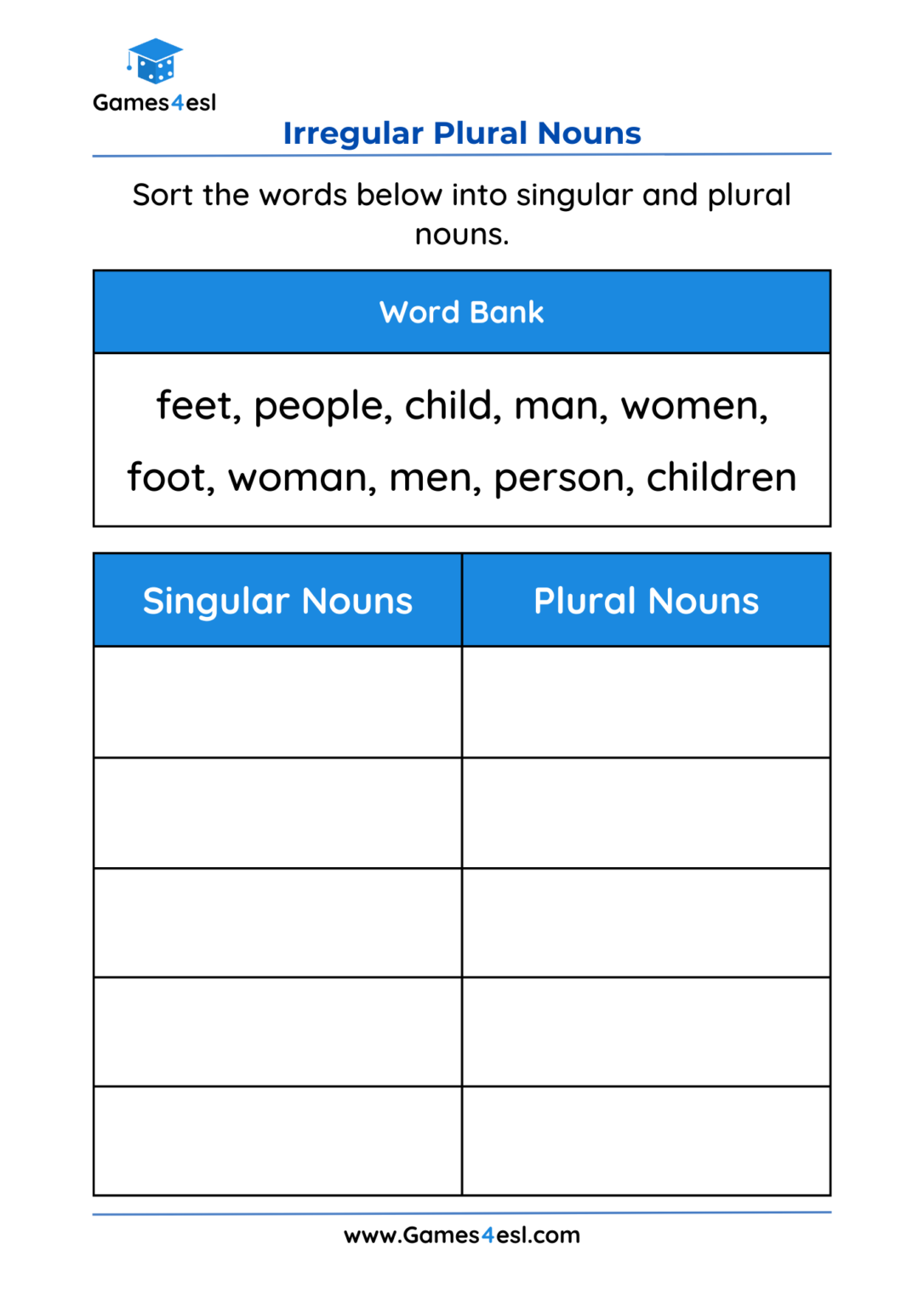 Irregular Plural Noun Worksheets | Games4esl
