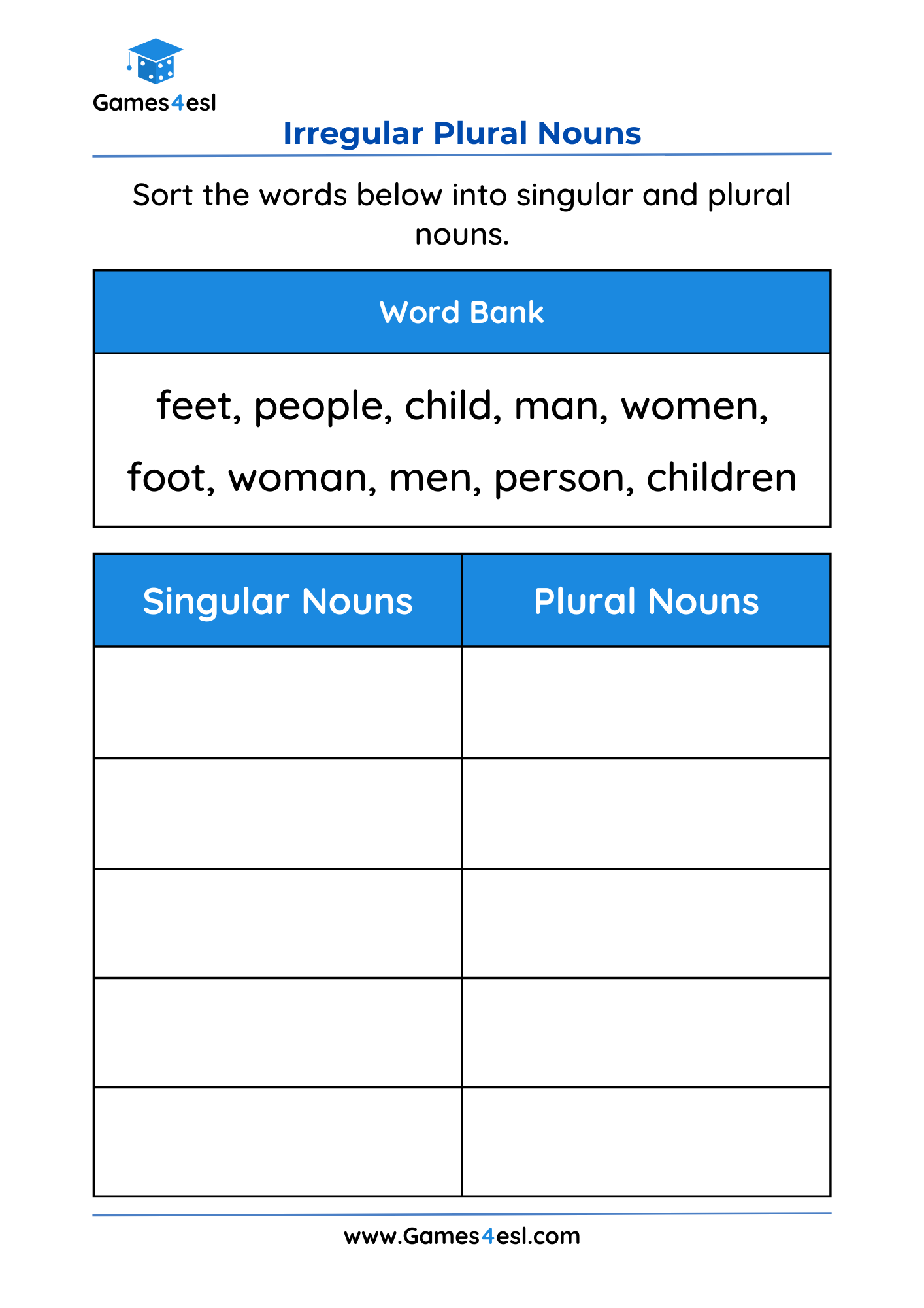 Irregular Plural Noun Worksheets | Games4esl