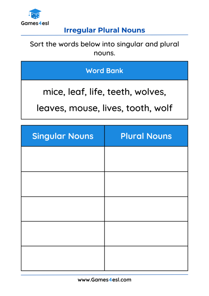 Irregular Plural Noun Worksheets | Games4esl