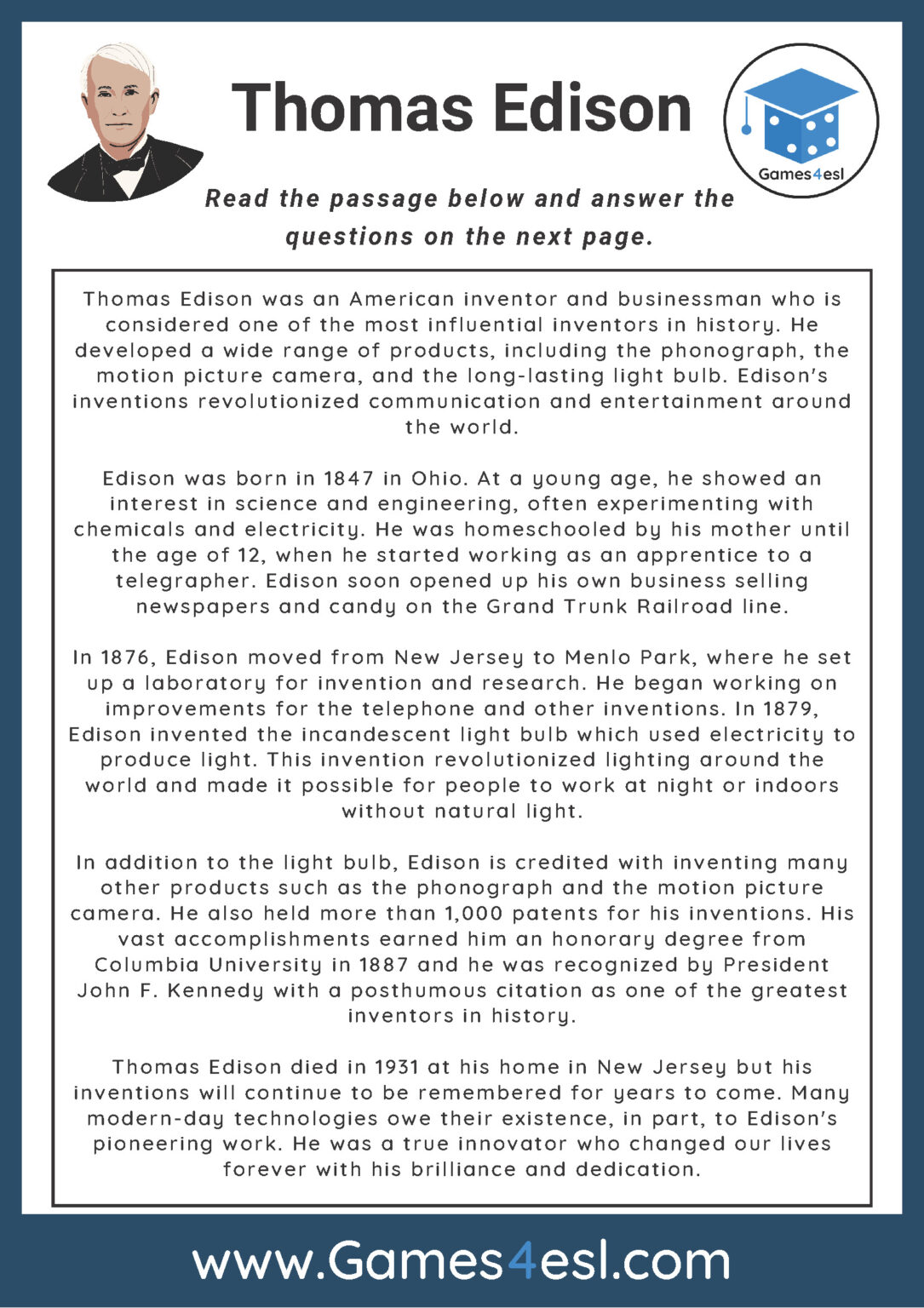 Free Reading Comprehension Worksheets For Middle School Students ...