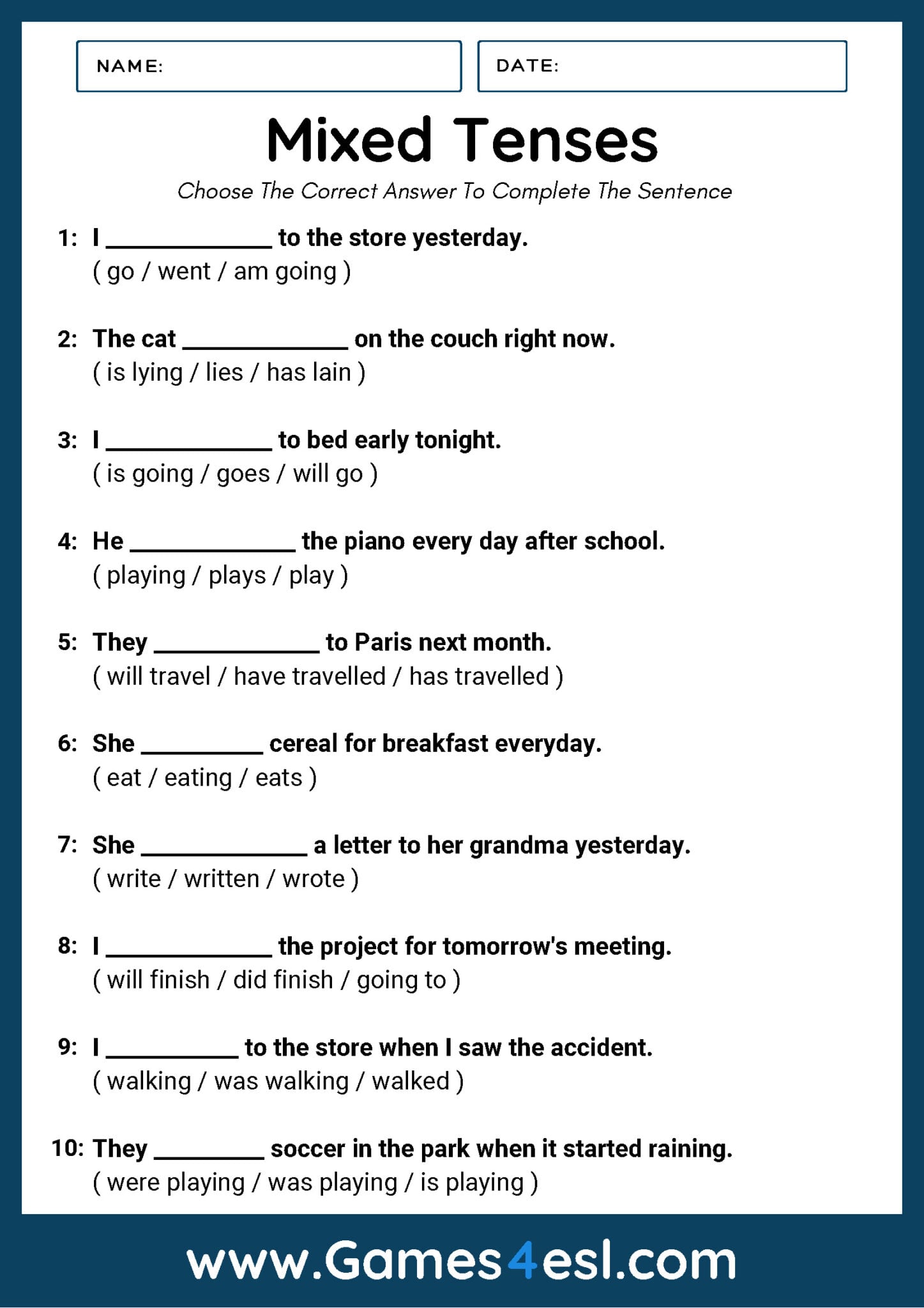 Mixed Tenses Quiz (with Printable PDF Exercise) | Games4esl